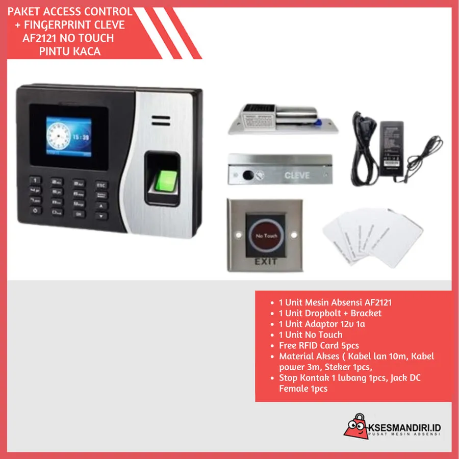 Paket Akses & Absensi Fingerprint Pintu Cleve AF2121 Pintu Kaca ...